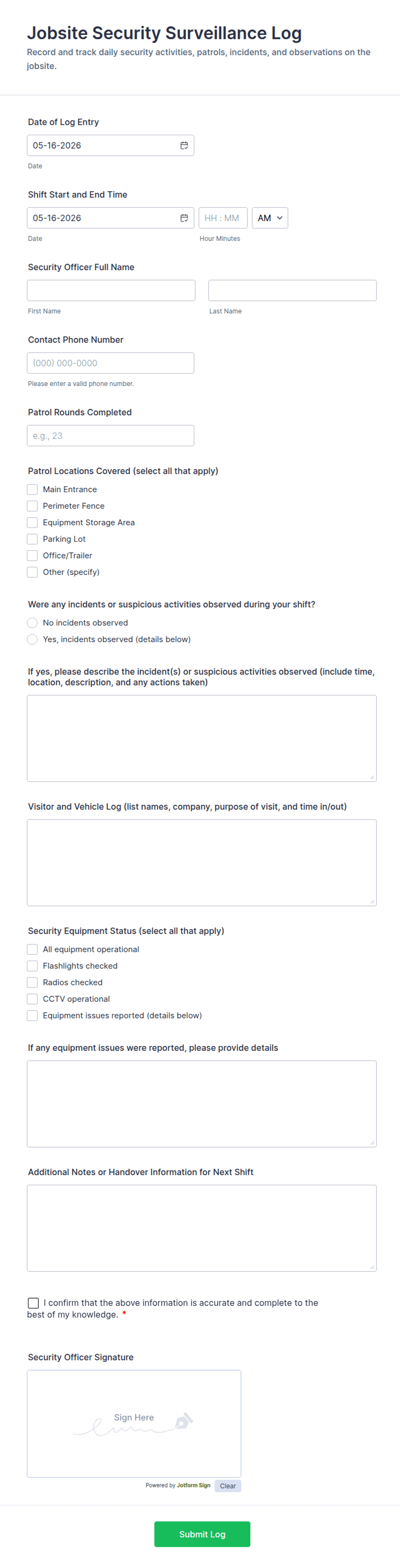 Jobsite Security Surveillance Log Form Template | Jotform