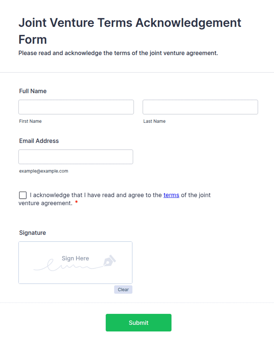 Joint Venture Terms Acknowledgement Form Template | Jotform