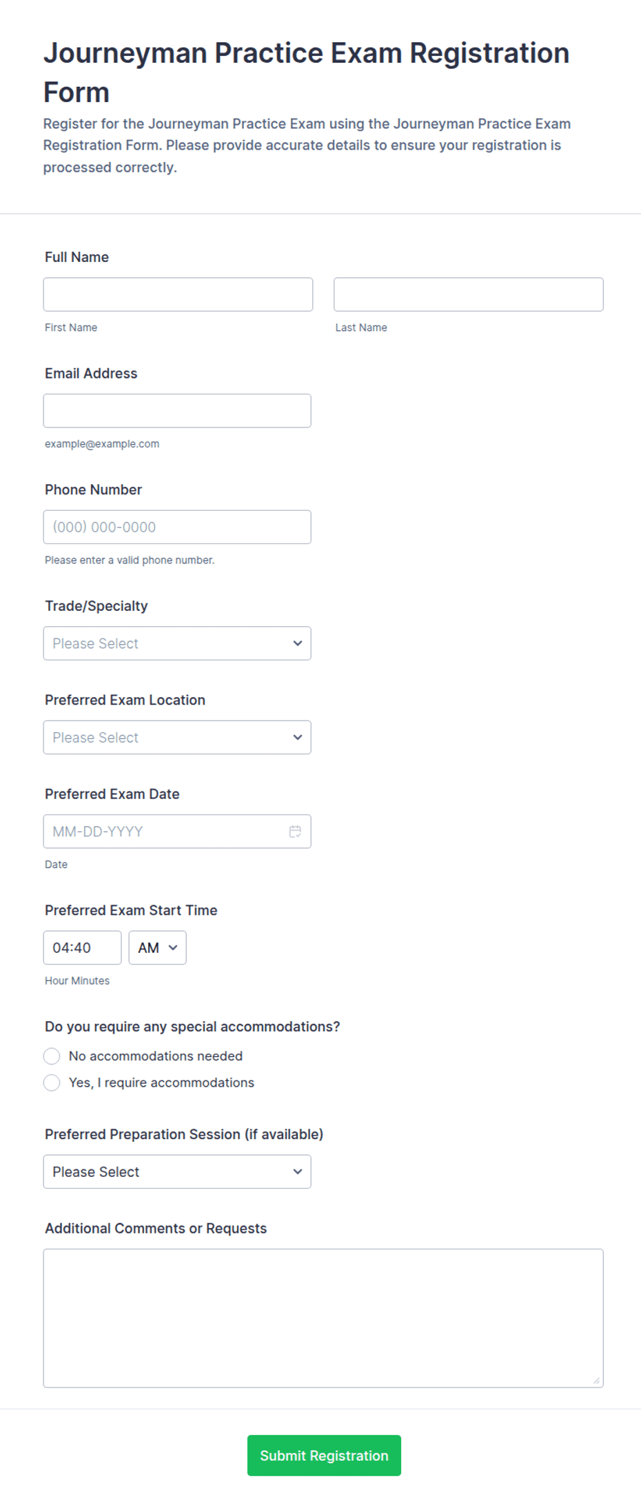 Journeyman Practice Exam Registration Form Template | Jotform