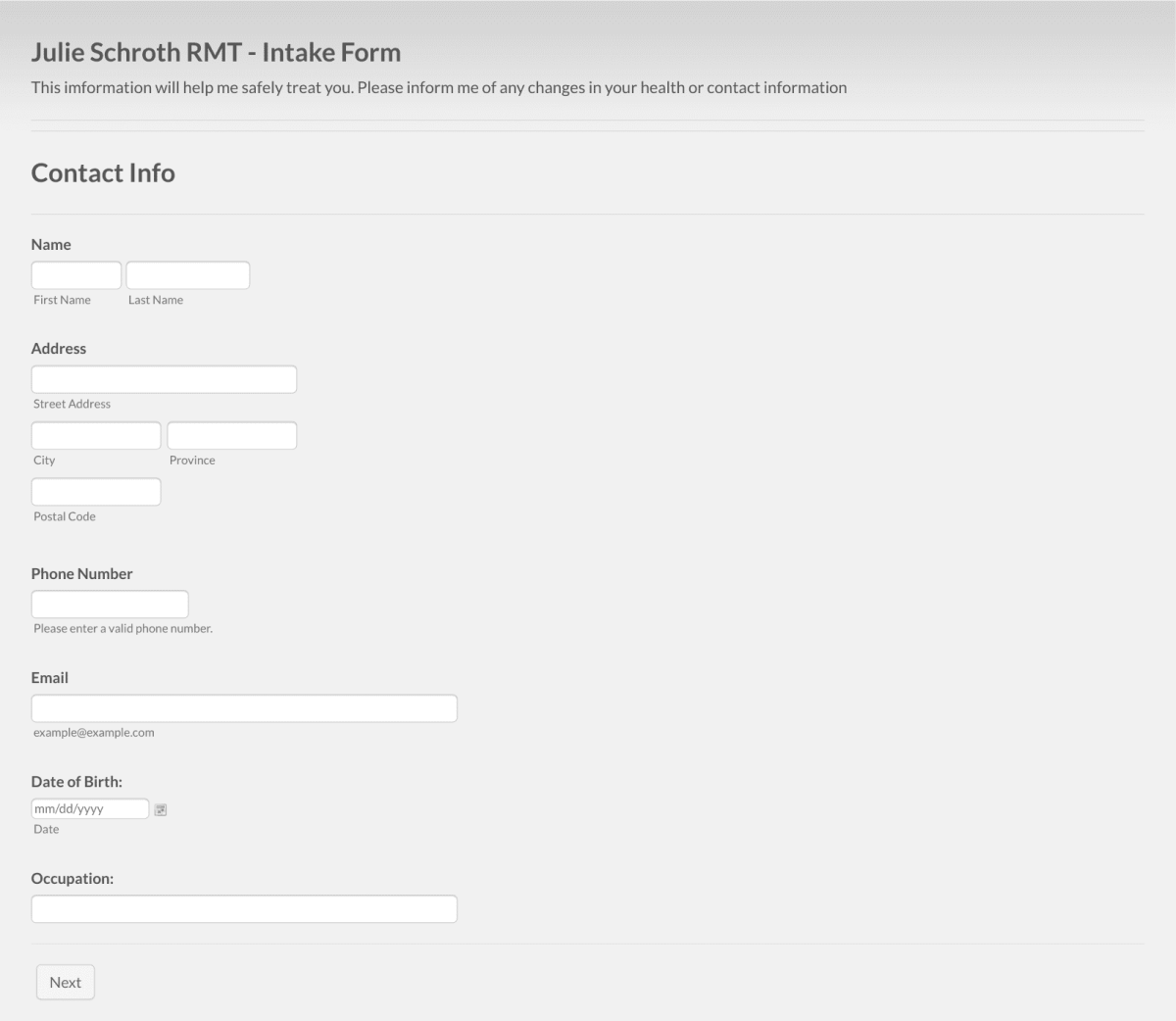 Julie Schroth RMT - Intake Form Template | Jotform