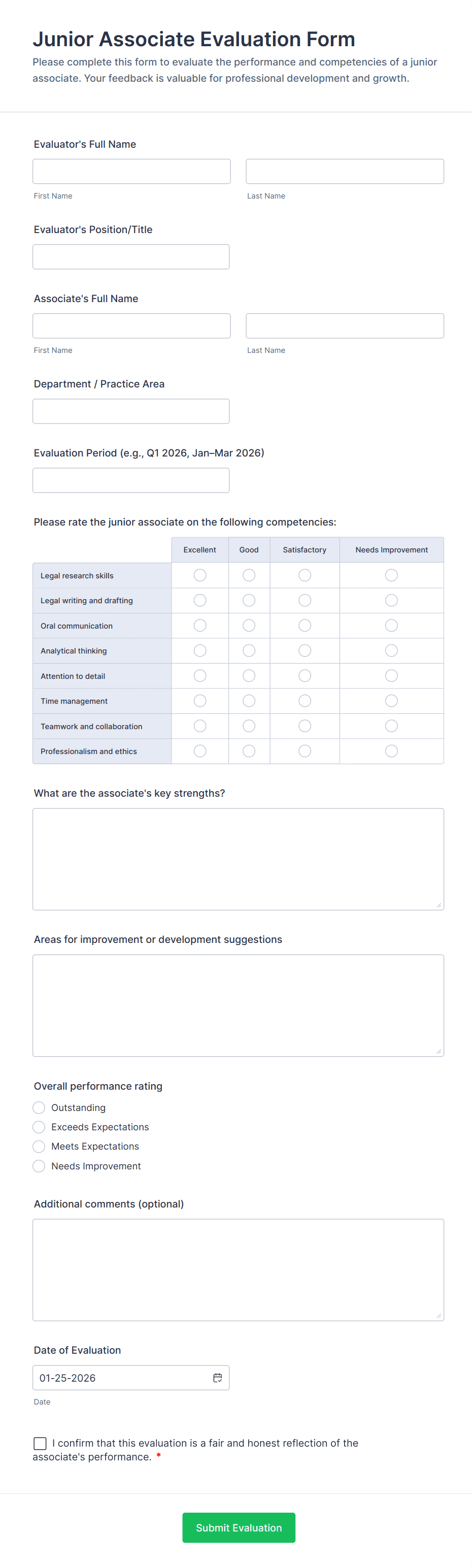 Junior Associate Evaluation Form Form Template | Jotform