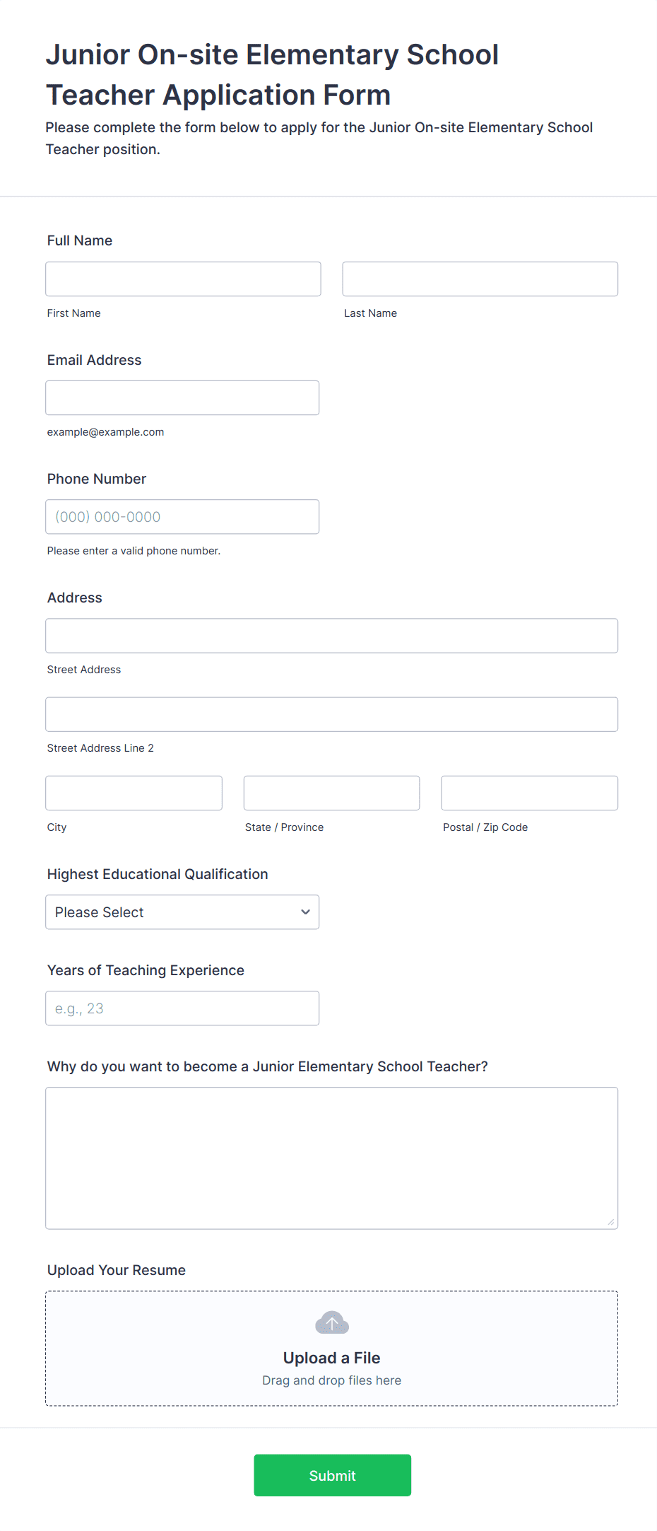 Junior On-site Elementary School Teacher Application Form Template ...