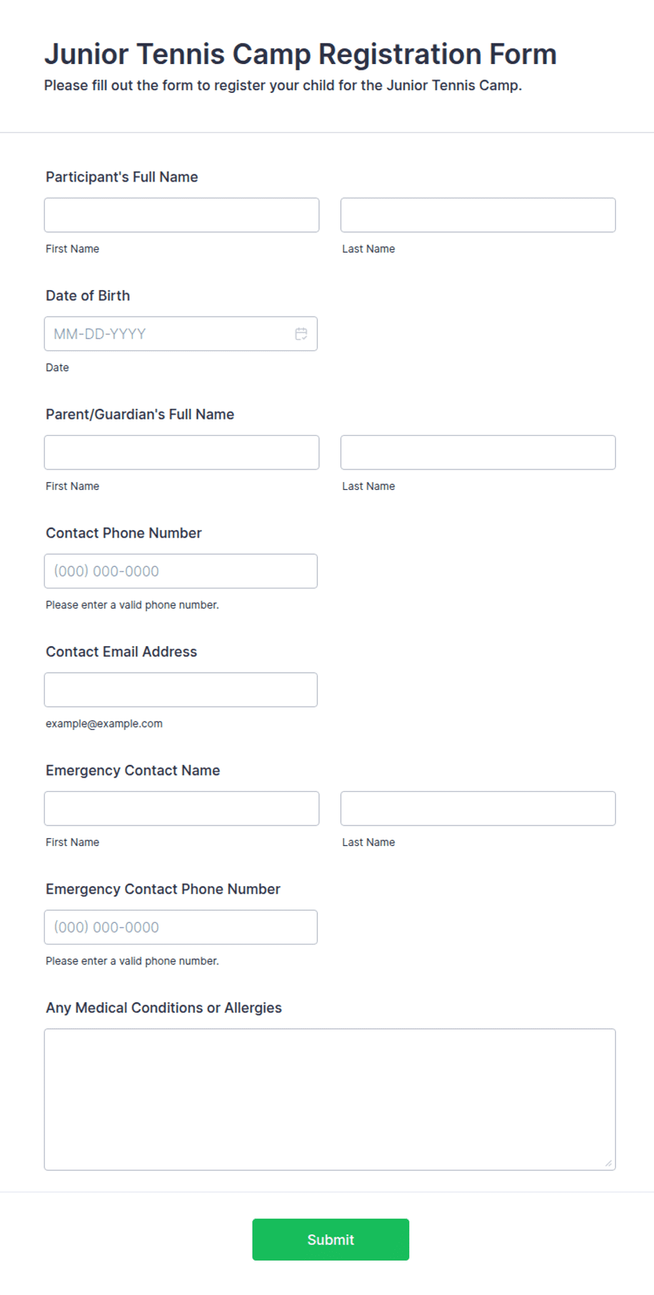 Junior Tennis Camp Registration Form Template | Jotform