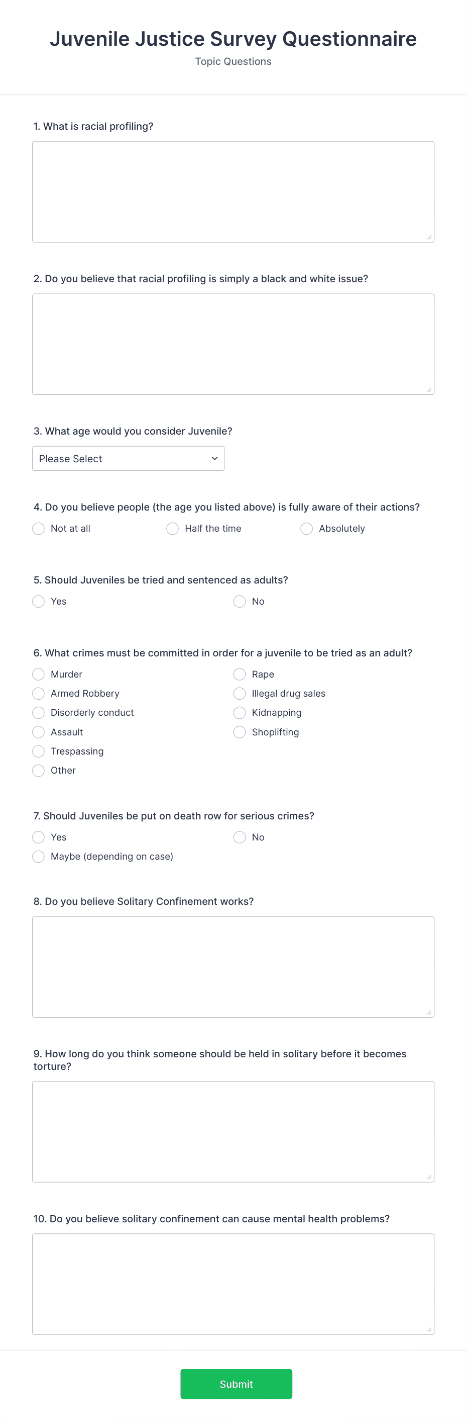 Juvenile Justice Survey Questionnaire Form Template | Jotform