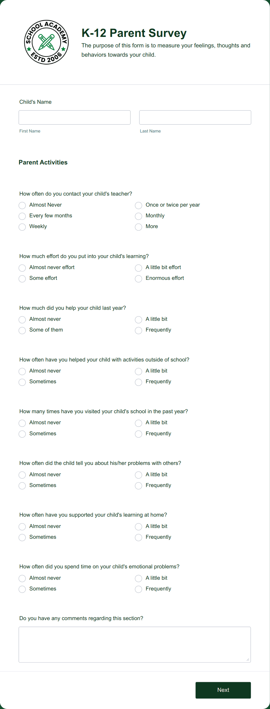 K-12 Parent Survey Form Template | Jotform