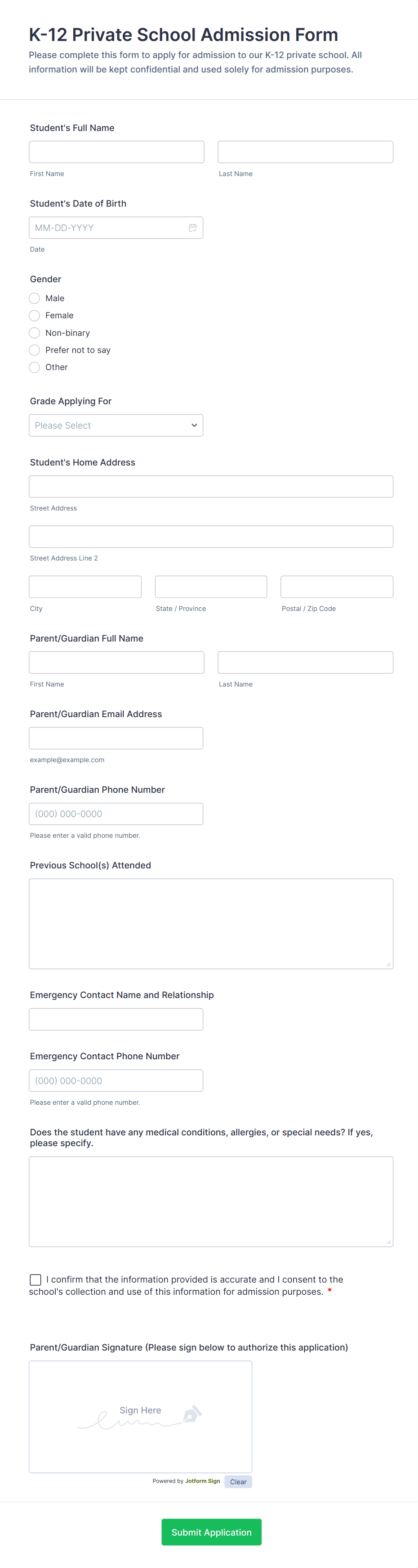K-12 Private School Admission Form Template | Jotform