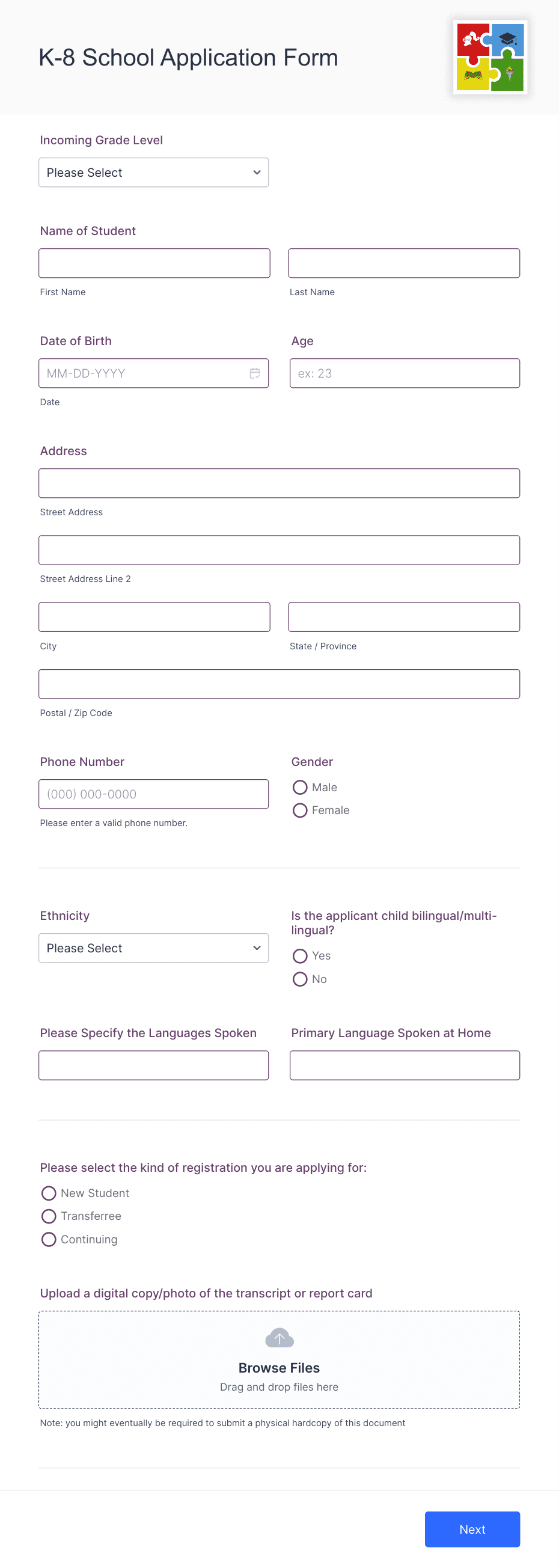 K-8 School Application Form Template | Jotform