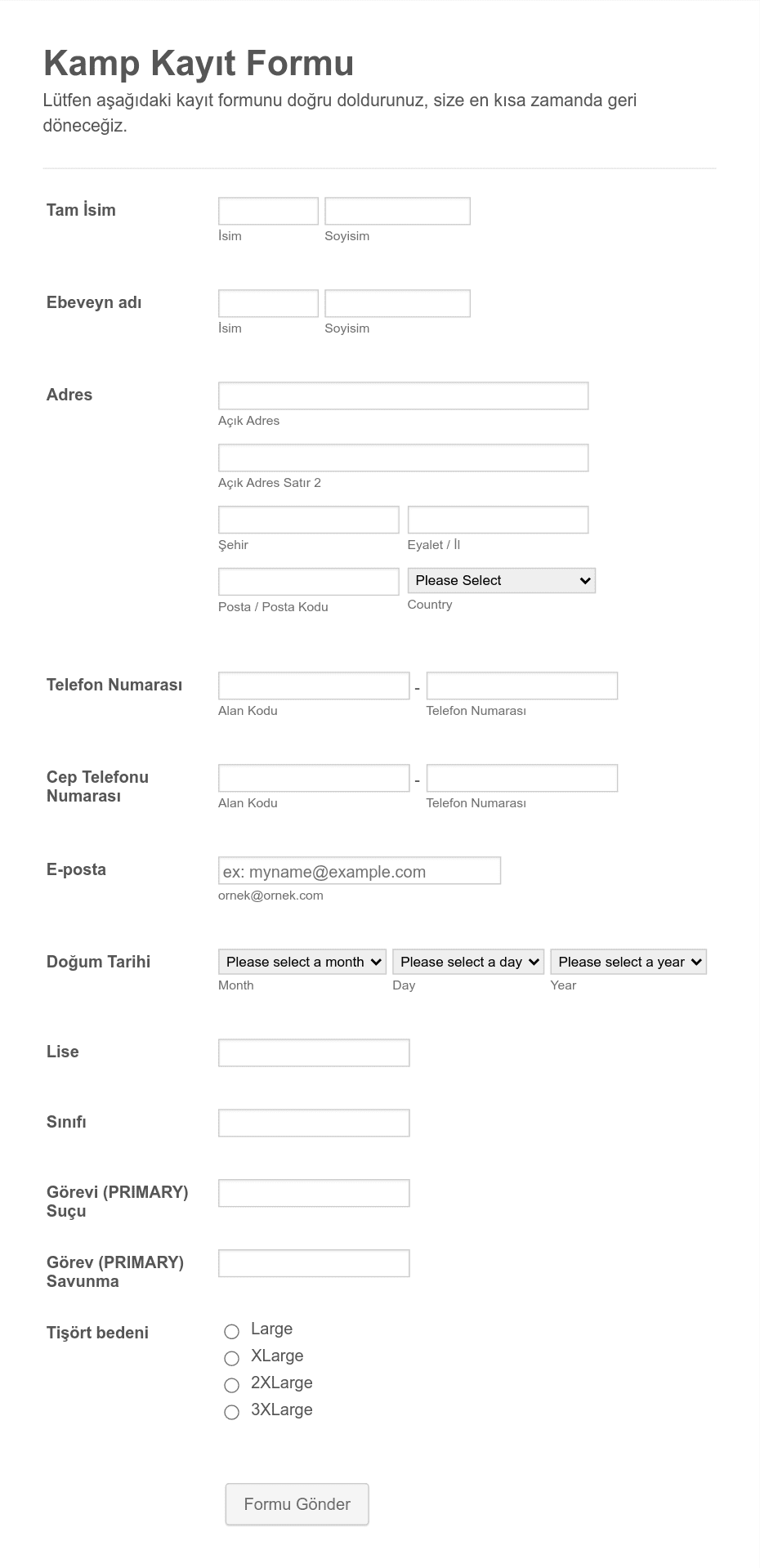 Kamp Kayıt Formu Örneği | Jotform