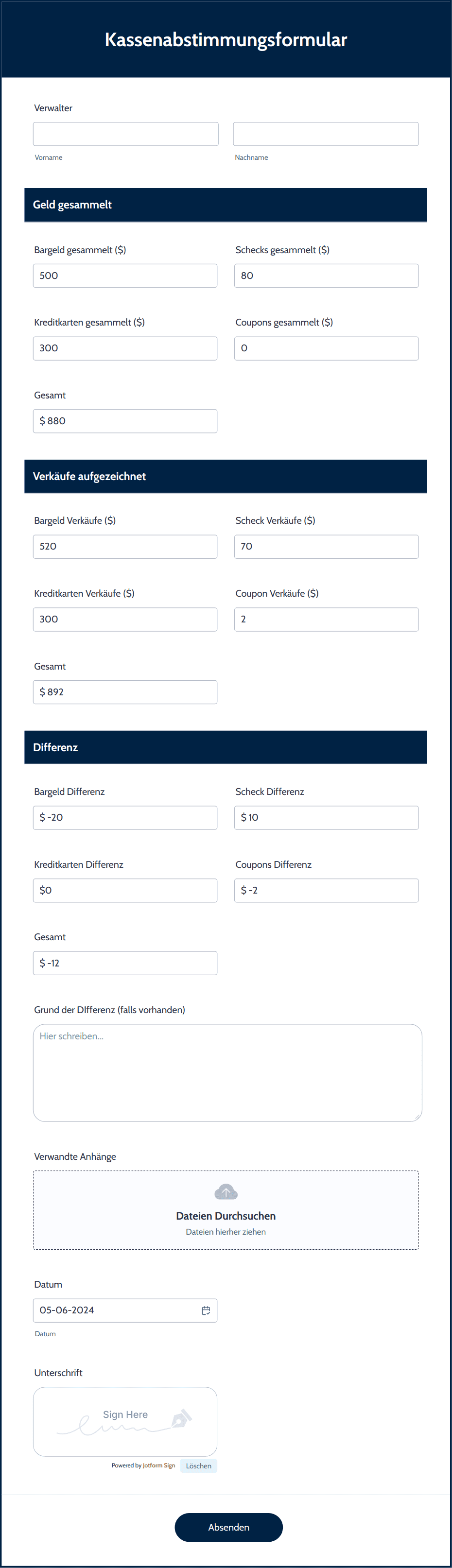 Kassenabstimmungsformular Formularvorlage | Jotform