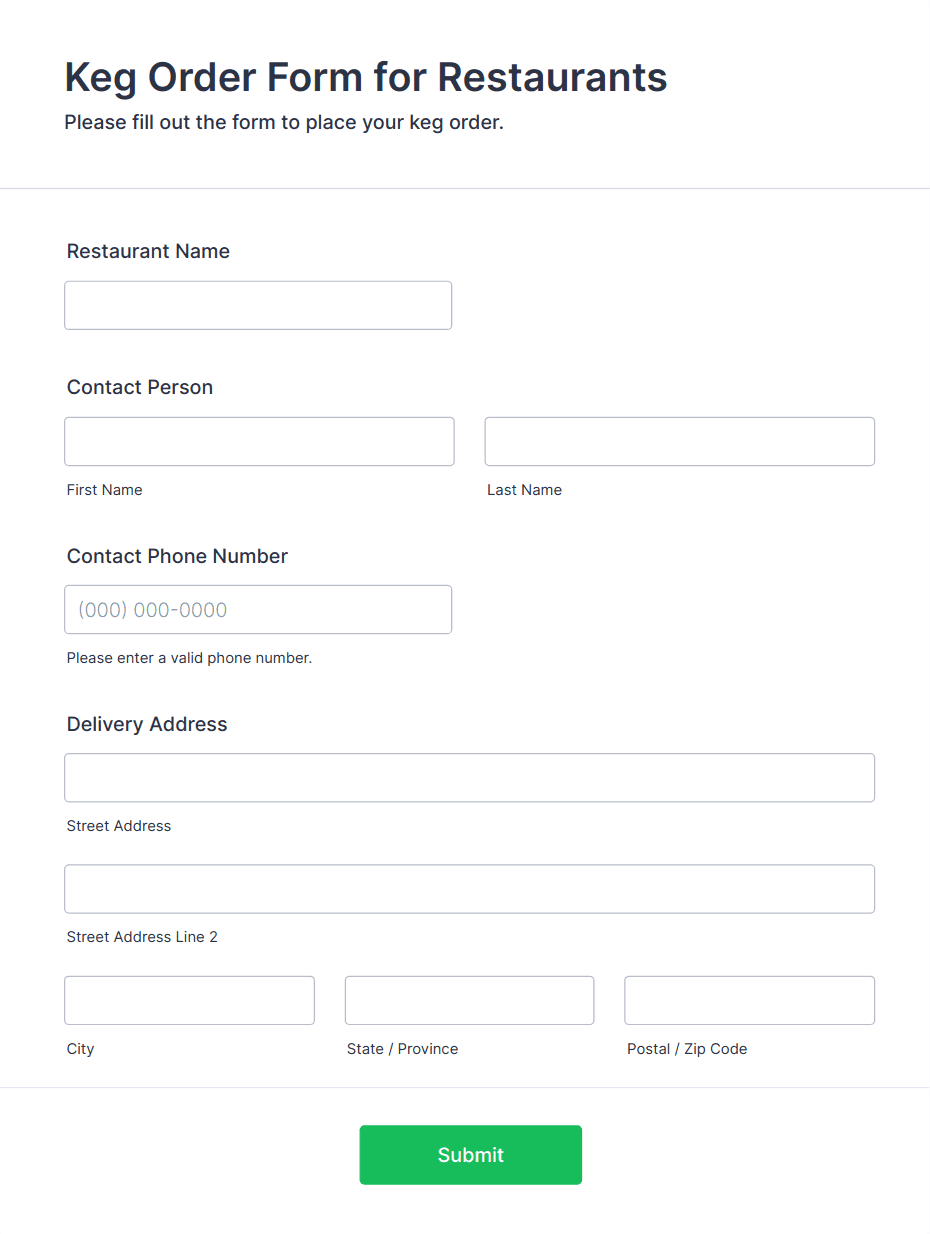 Keg Order Form for Restaurants Form Template | Jotform