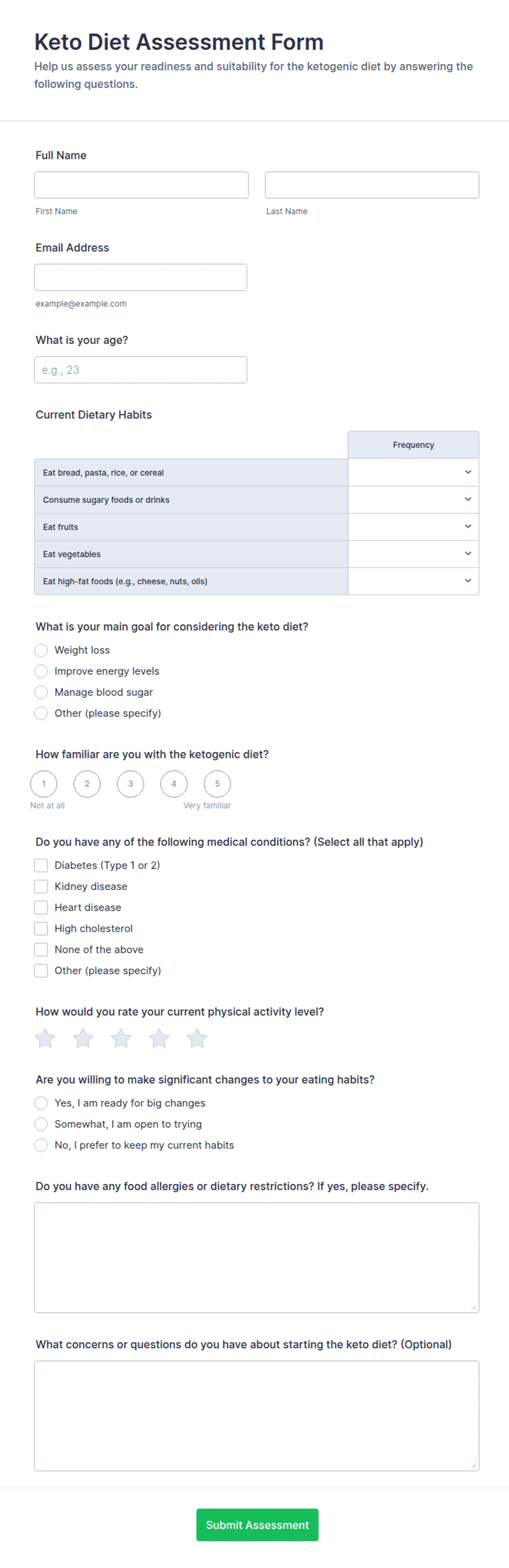 Keto Diet Assessment Form Template | Jotform