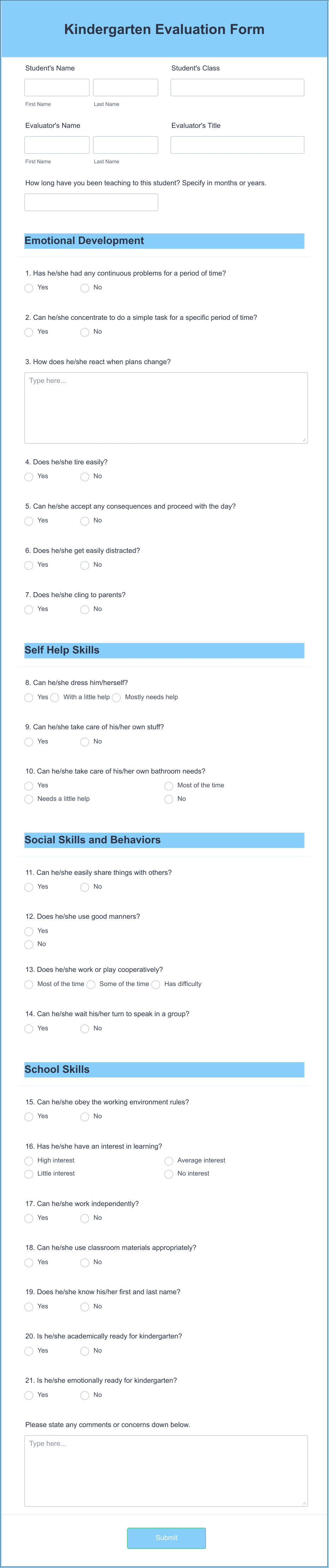 Kindergarten Evaluation Form Template | Jotform
