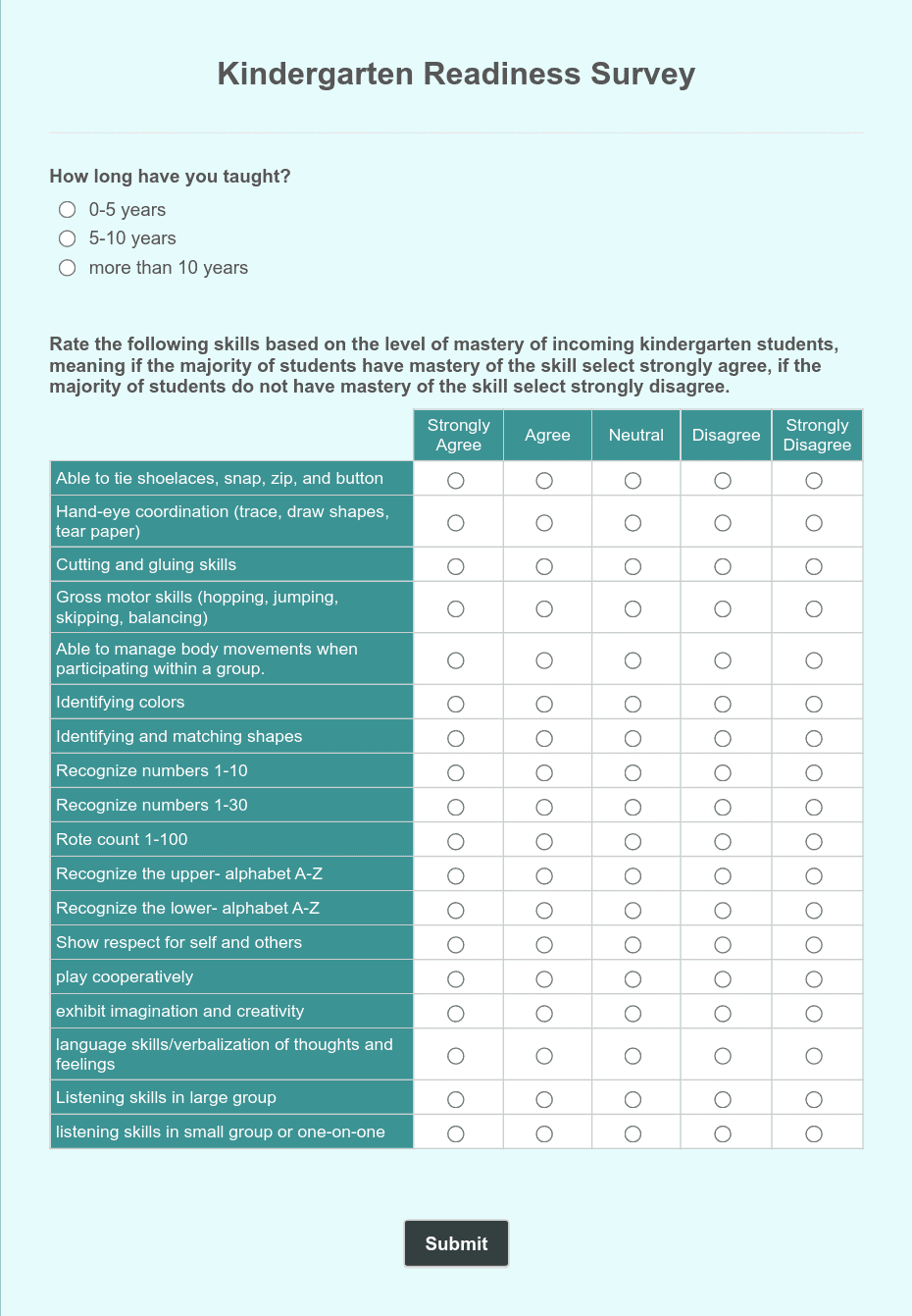 Kindergarten Readiness Survey Form Template | Jotform