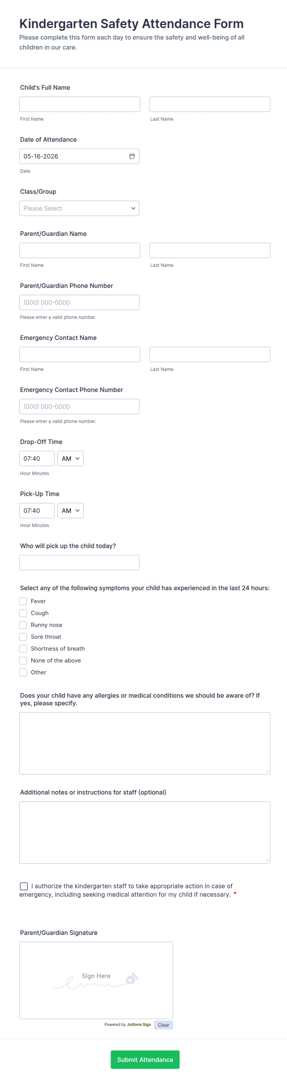 Kindergarten Safety Attendance Form Template | Jotform