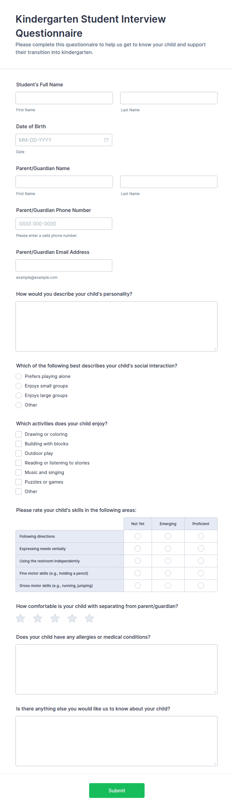 Kindergarten Student Interview Questionnaire Form Template | Jotform