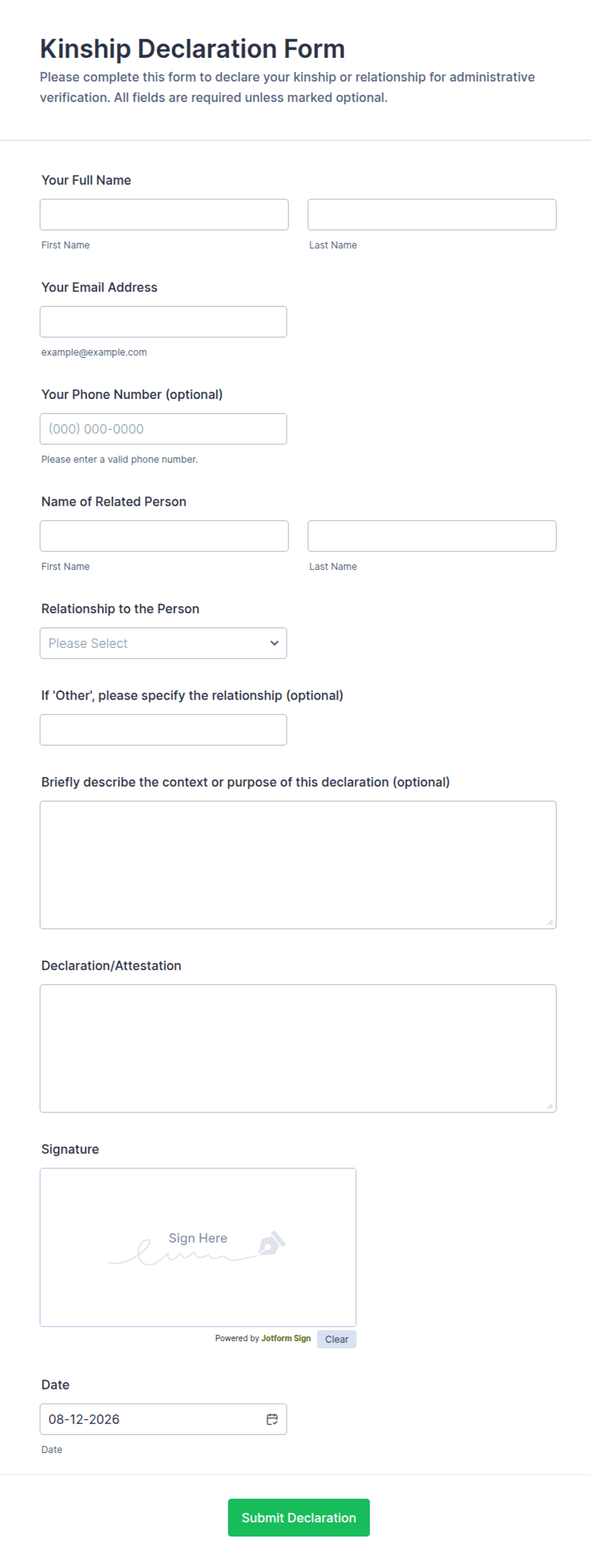 Kinship Declaration Form Template | Jotform
