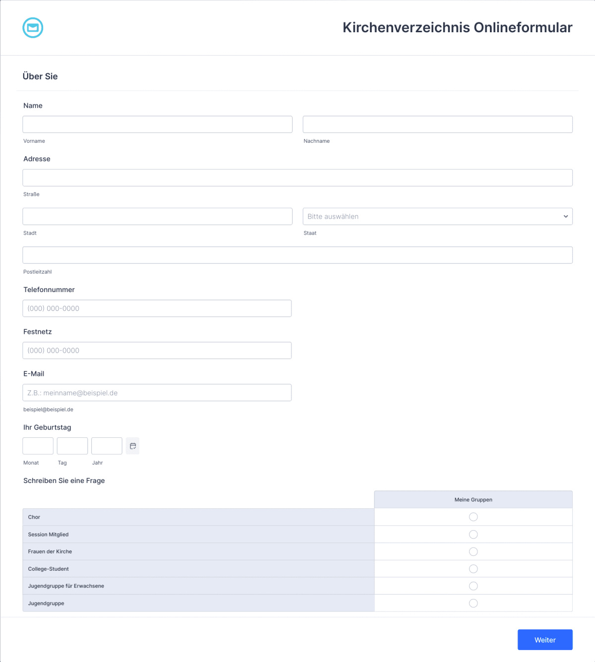 Kirchenverzeichnis Formularvorlage | Jotform