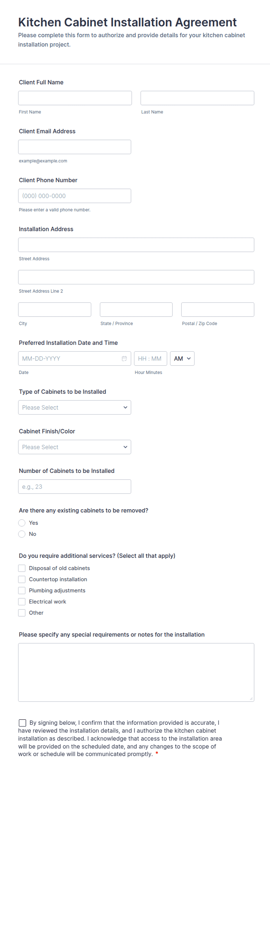 Kitchen Cabinet Installation Agreement Form Template | Jotform