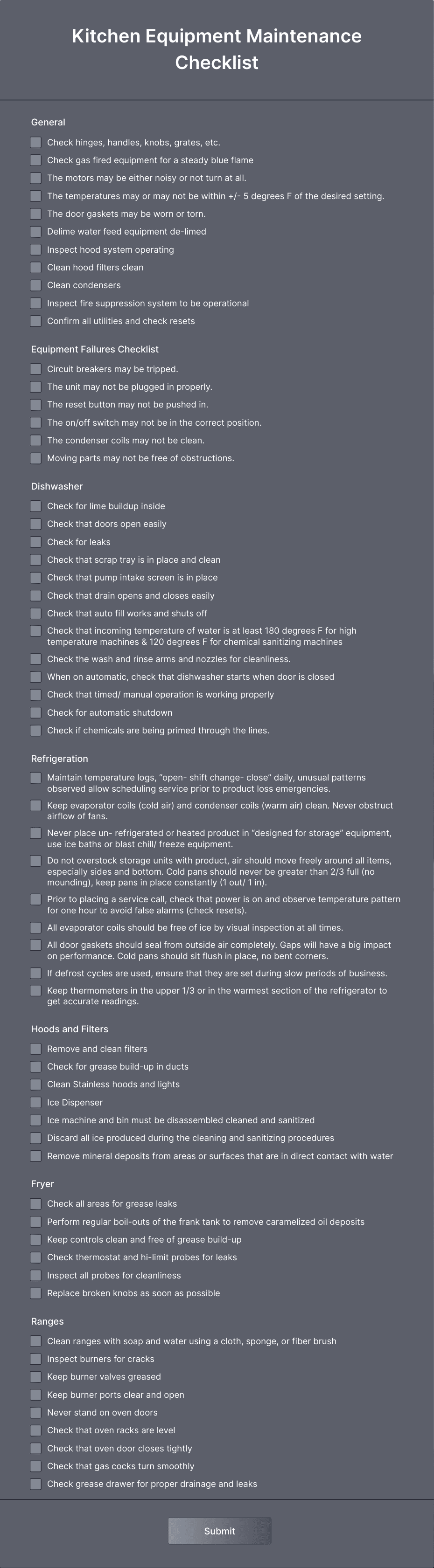 Kitchen Equipment Maintenance Checklist Form Template | Jotform