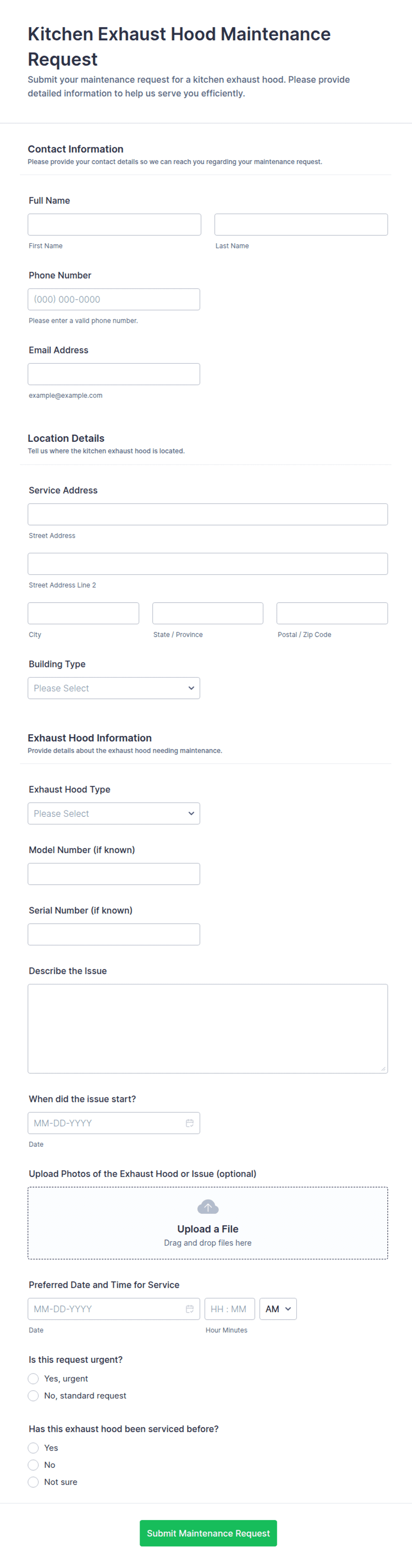 Kitchen Exhaust Hood Maintenance Request Form Template | Jotform
