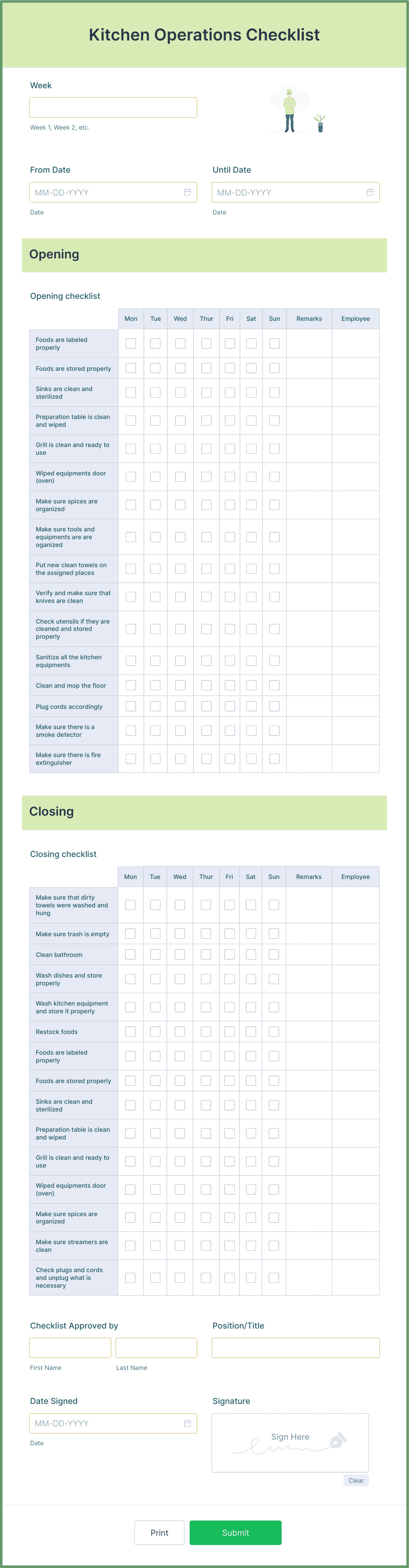 Kitchen Operations Checklist Form Template | Jotform