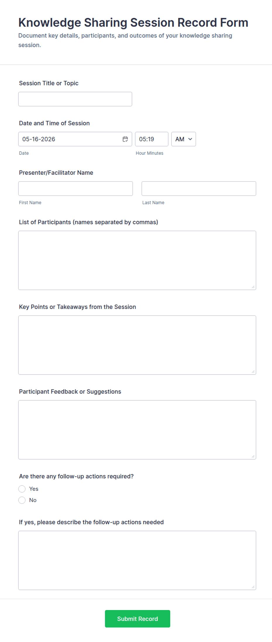 Knowledge Sharing Session Record Form Template | Jotform