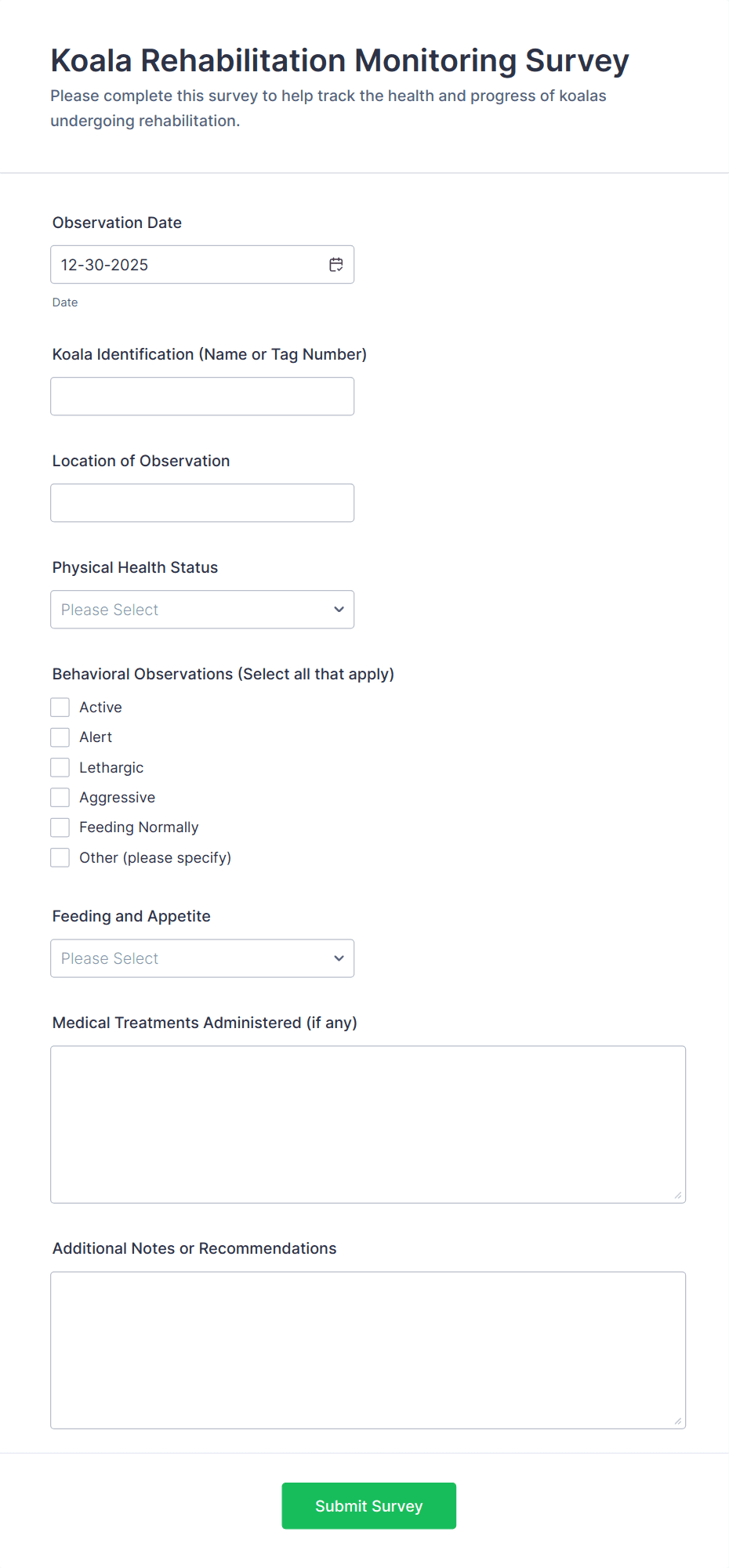 Koala Rehabilitation Monitoring Survey Form Template | Jotform