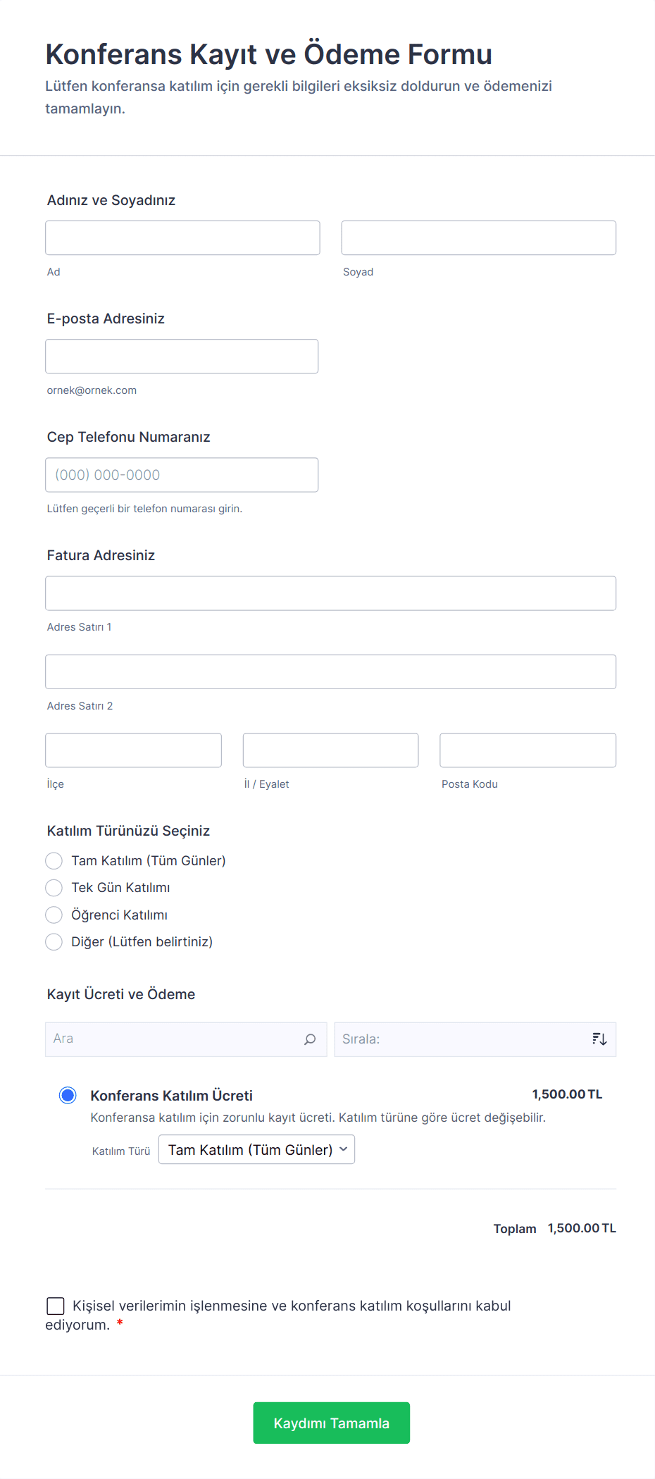 Konferans Kayıt ve Ödeme Form Şablonu | Jotform