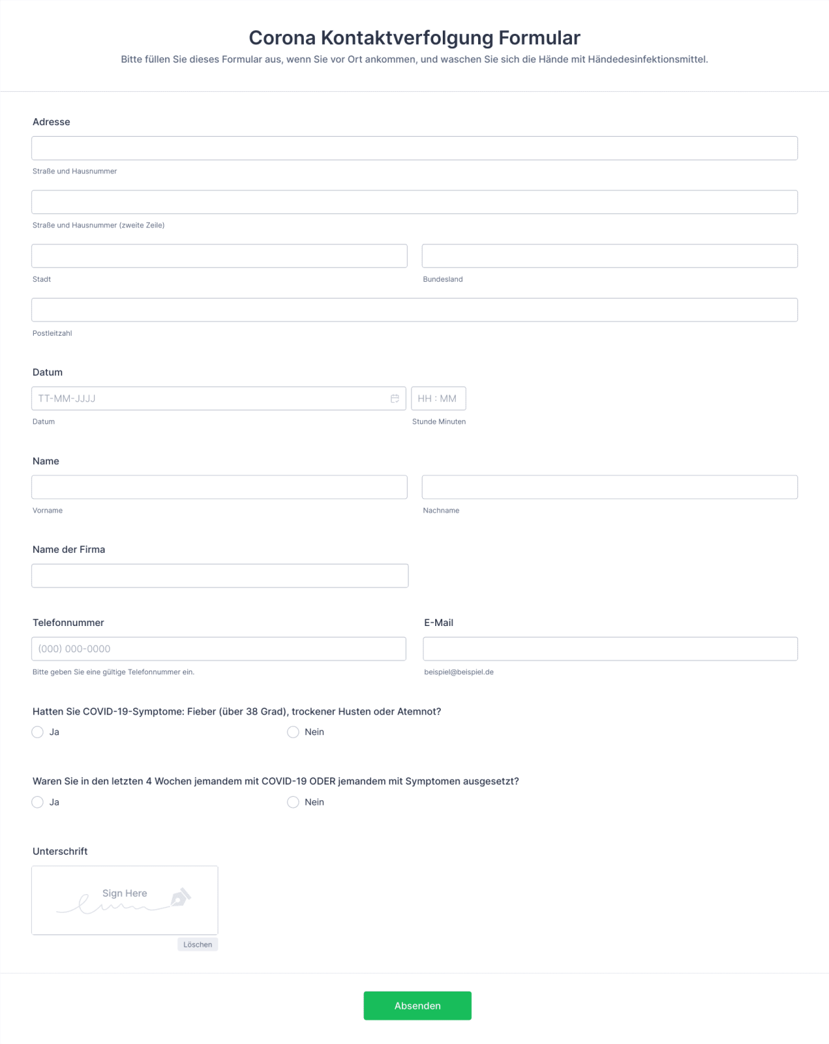 Kontaktnachverfolgung Formular Formularvorlage | Jotform