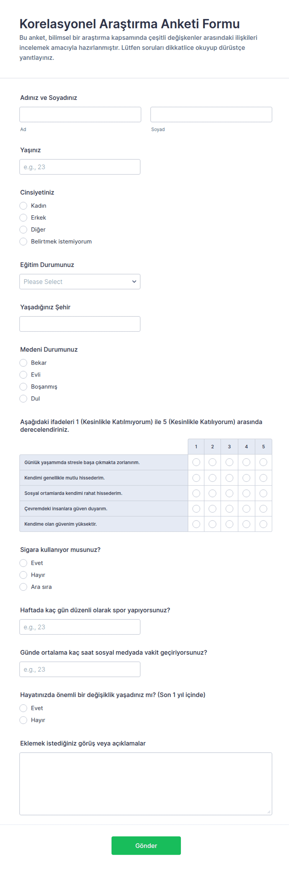 Korelasyon Araştırması Anketi Form Şablonu | Jotform