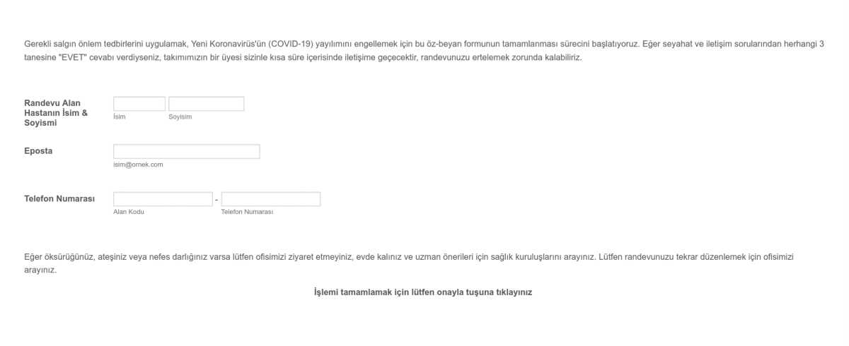 Korona Virüs Öz-Beyan Form Şablonu | Jotform