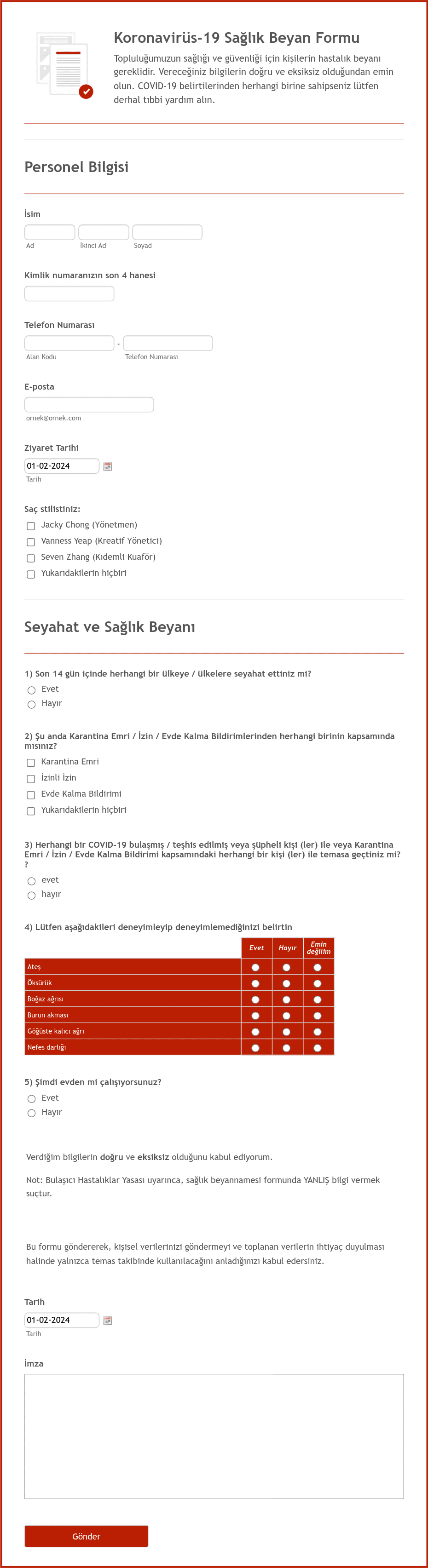 Koronavirüs-19 Sağlık Beyan Formu Örneği | Jotform