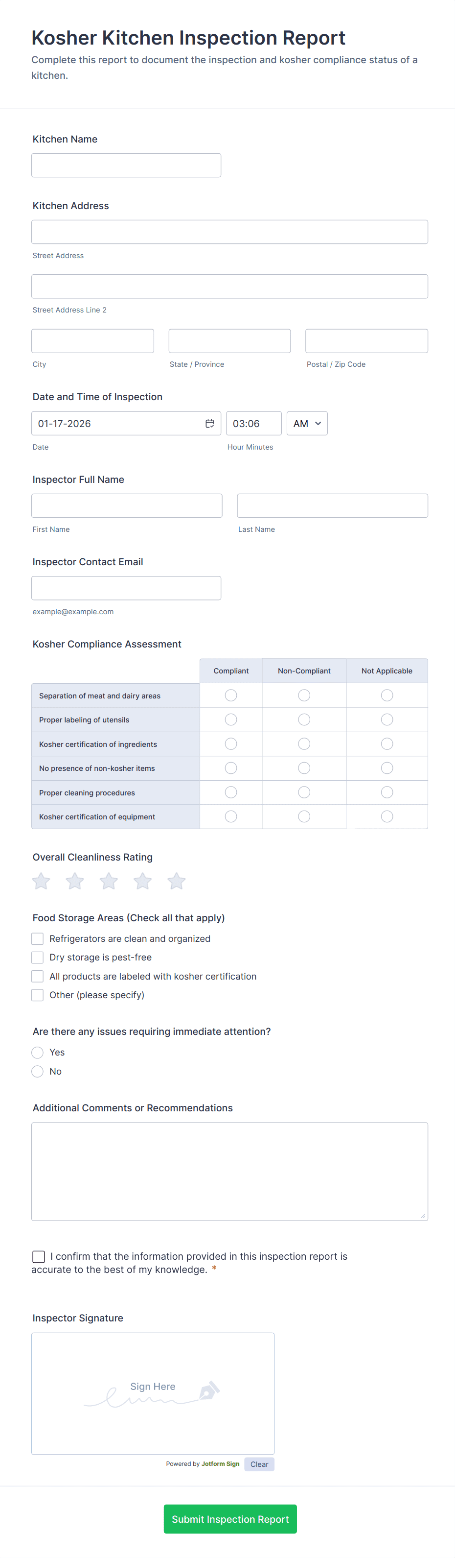 Kosher Kitchen Inspection Report Form Template | Jotform