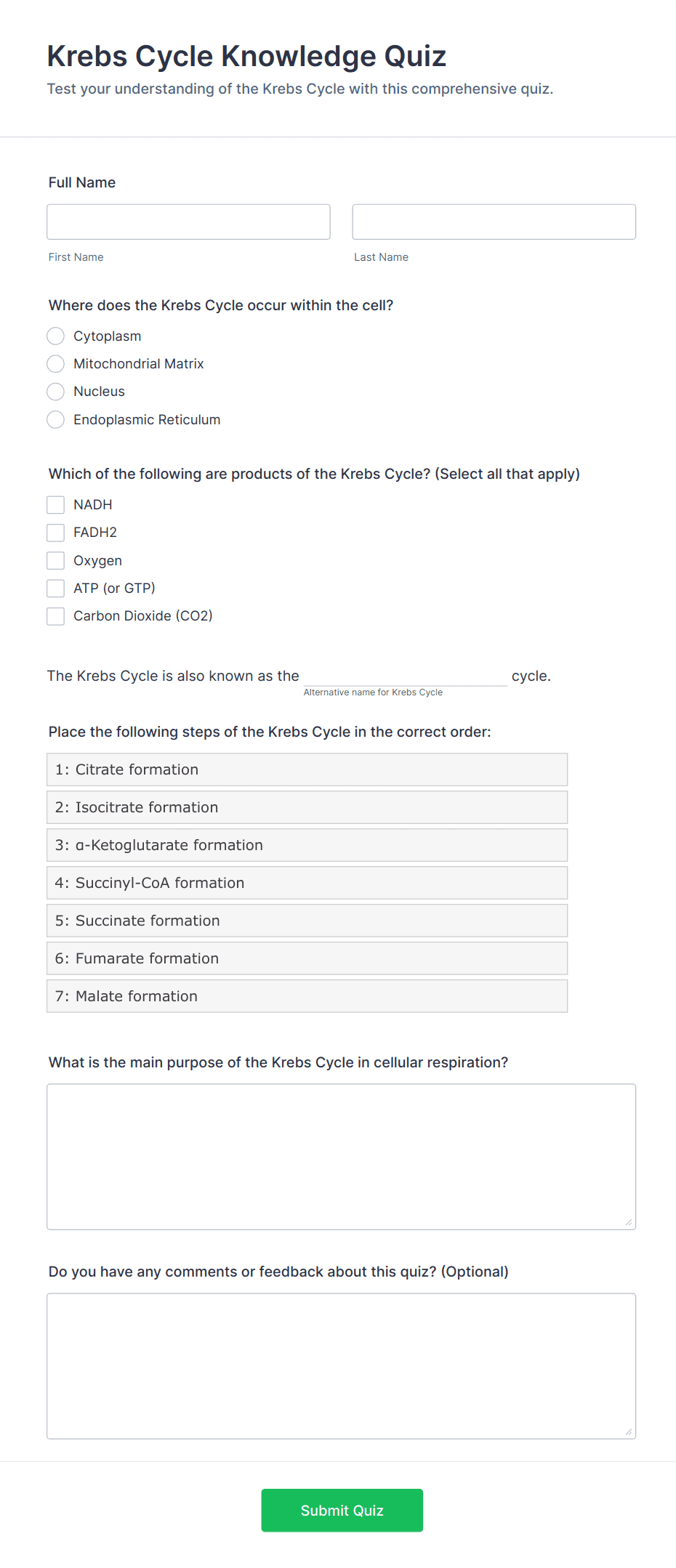 Krebs Cycle Knowledge Quiz Form Template | Jotform