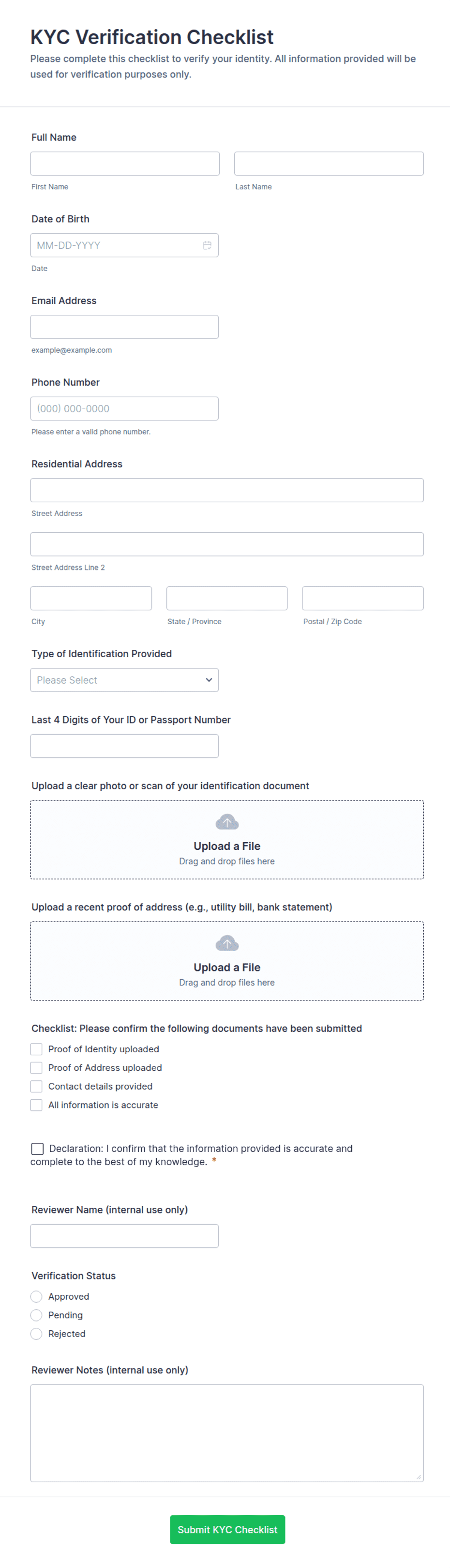 KYC Verification Checklist Form Template | Jotform