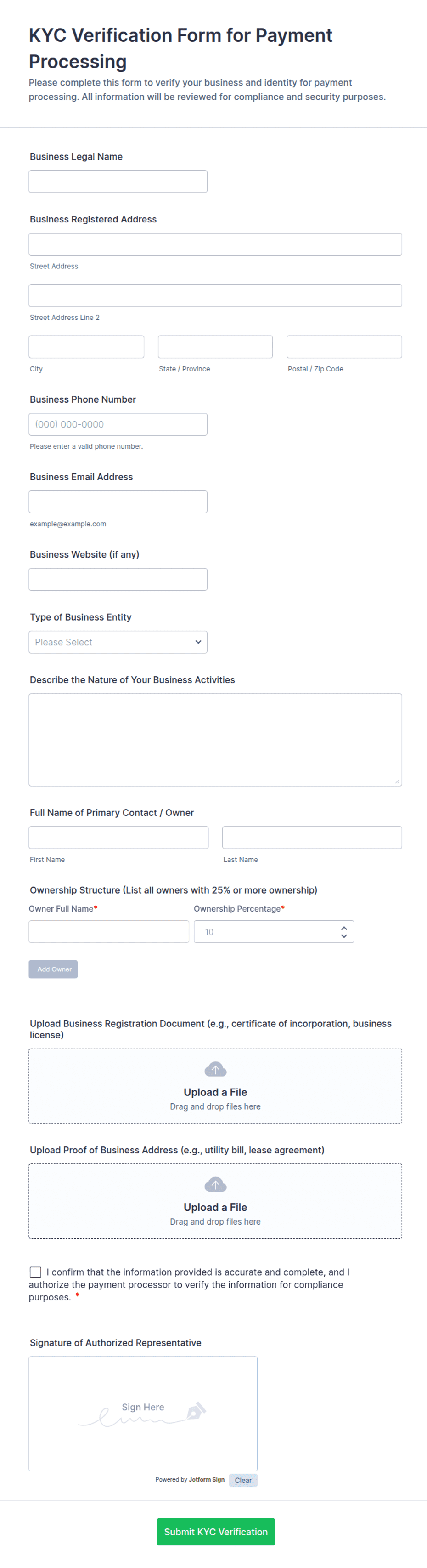 KYC Verification Form for Payment Processing | Jotform
