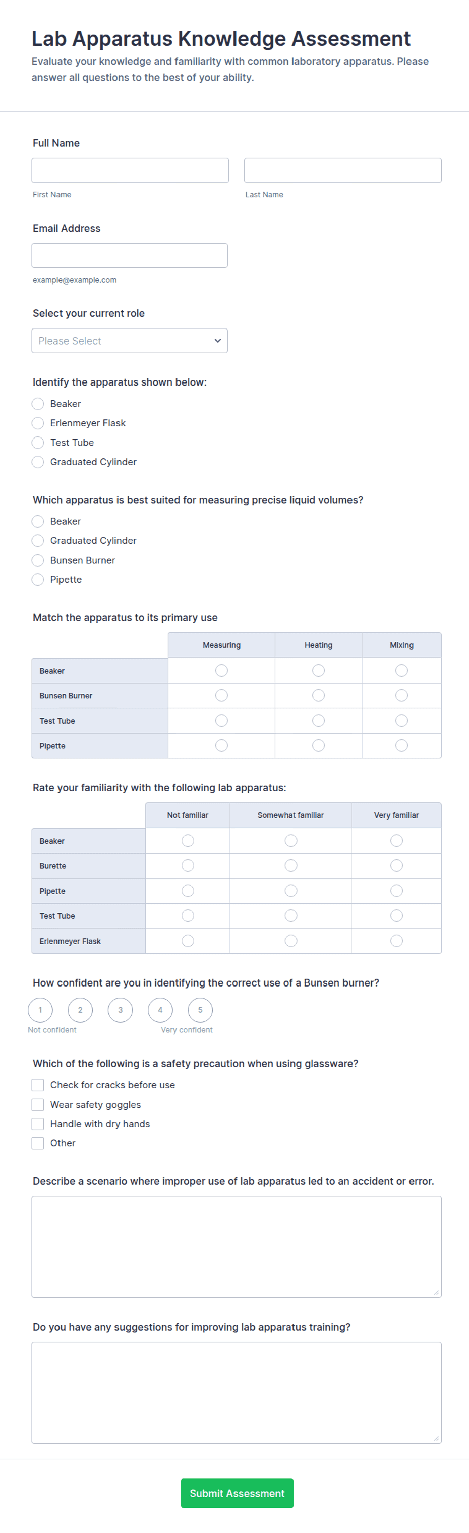 Lab Apparatus Knowledge Assessment Form Template | Jotform