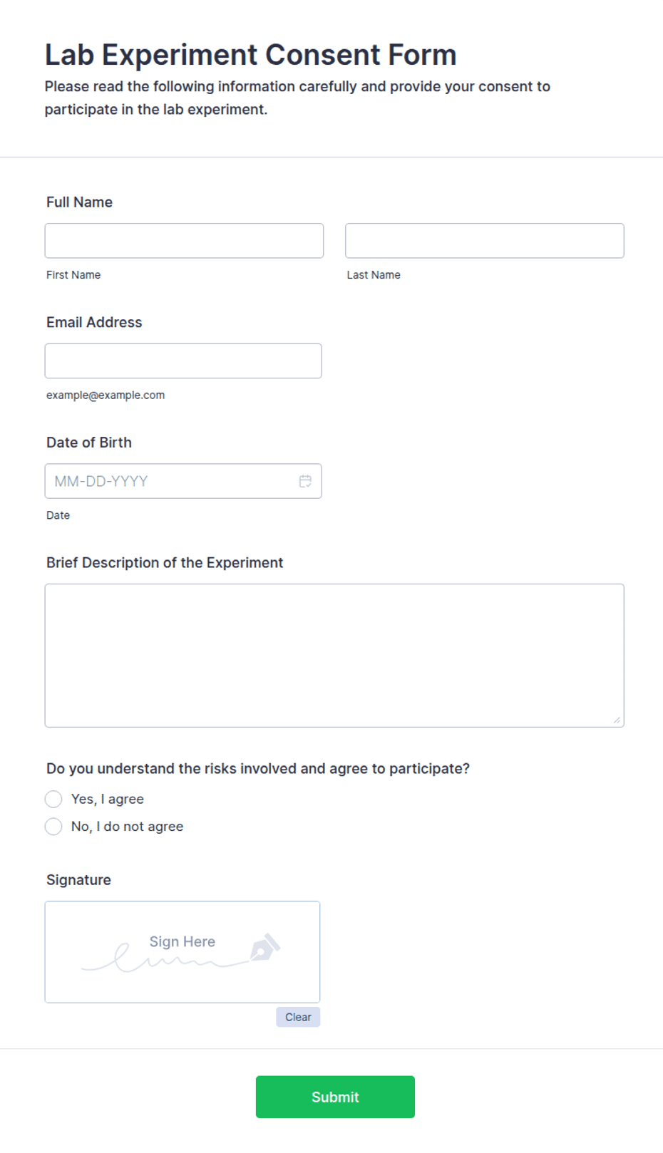 Lab Experiment Consent Form Template | Jotform