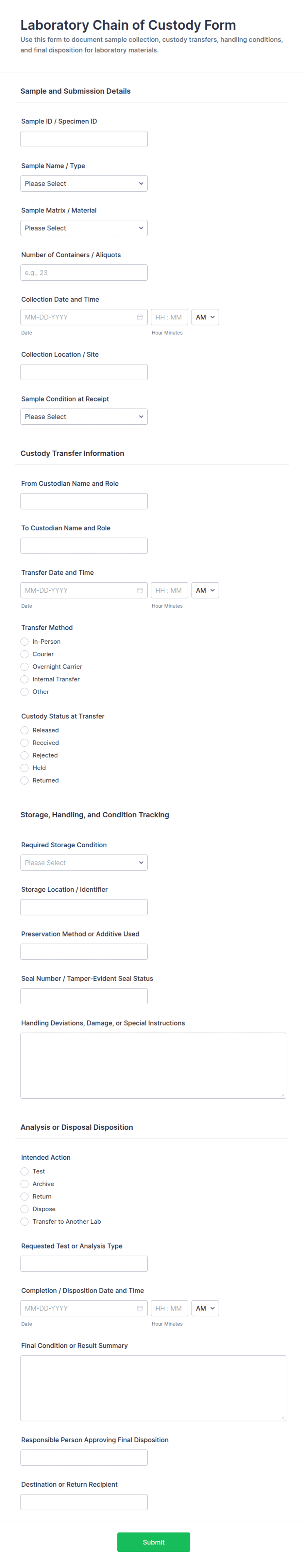 Laboratory Chain of Custody Form Template | Jotform