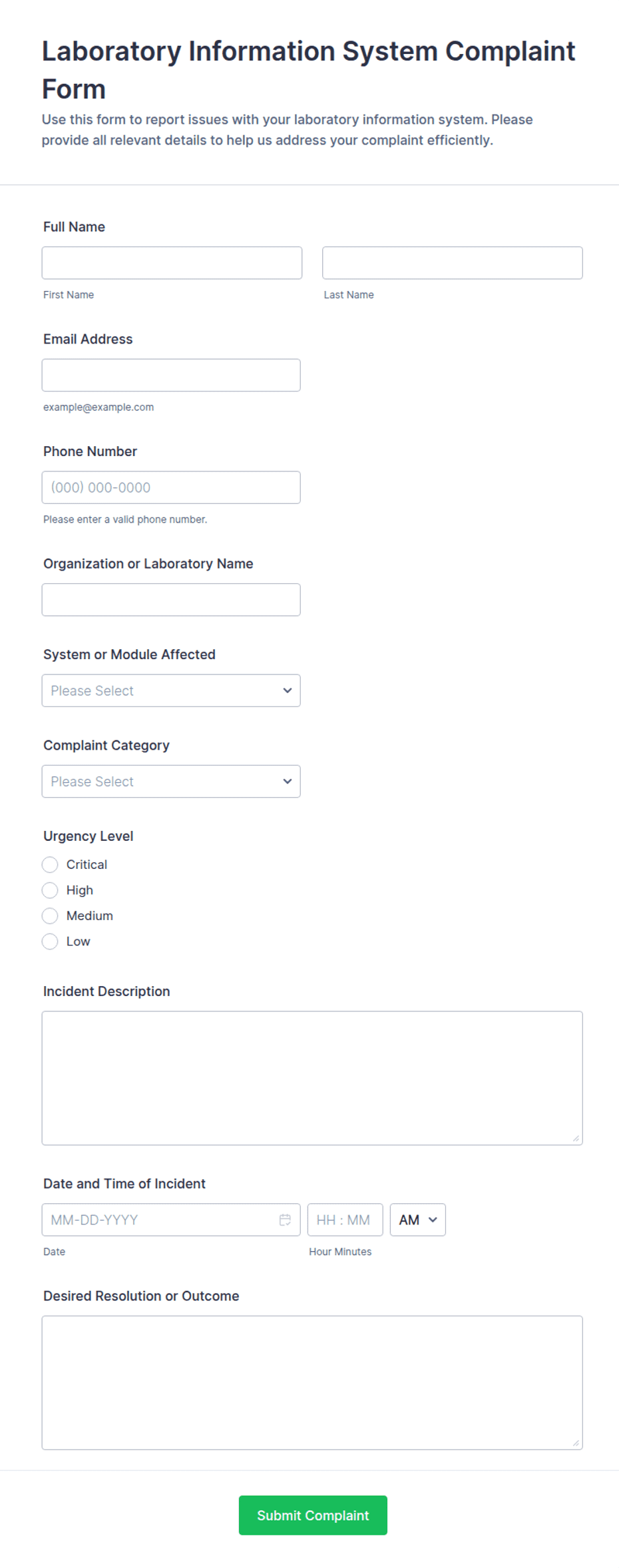 Laboratory Information System Complaint Form Template | Jotform