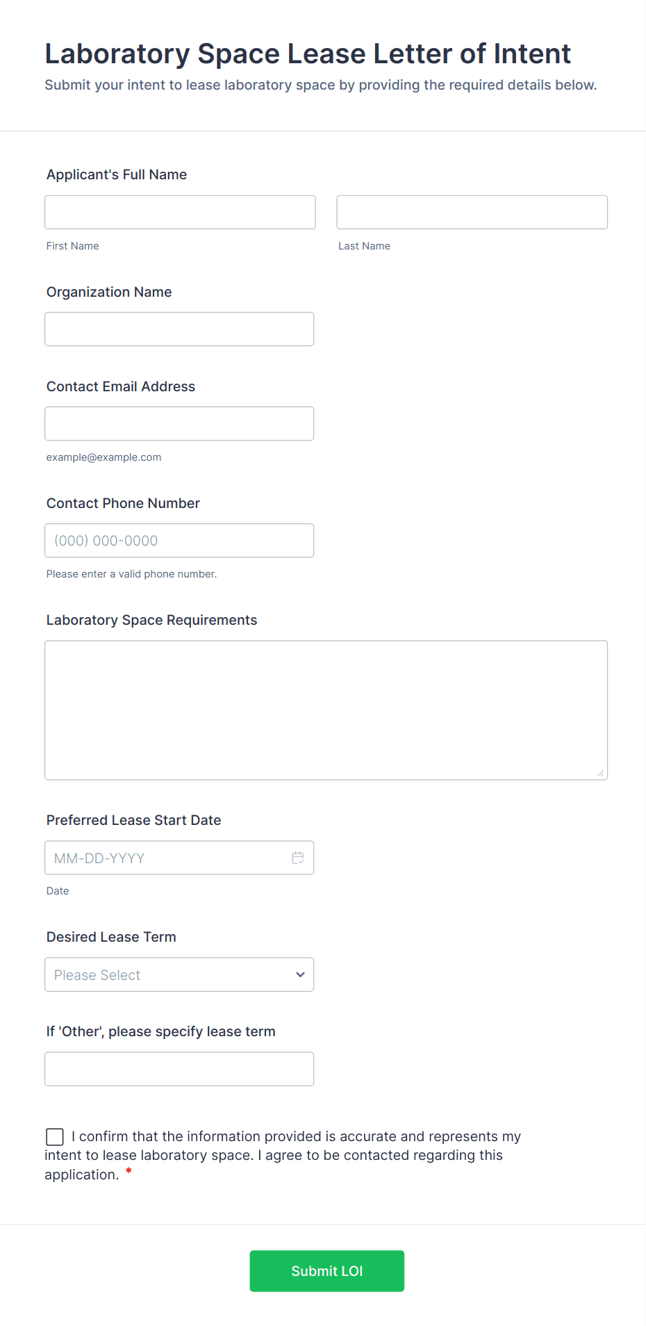 Laboratory Space Lease Letter of Intent Form Template | Jotform