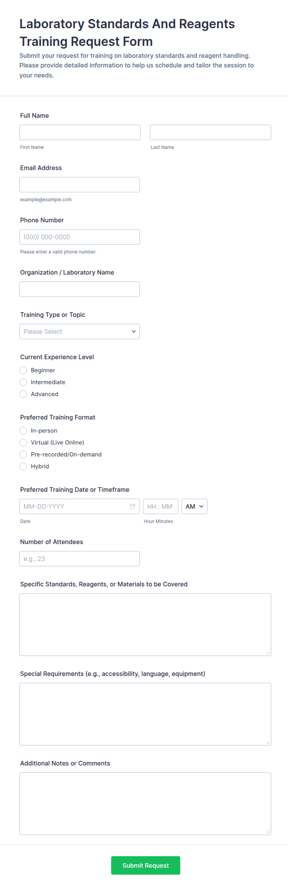 Laboratory Standards and Reagents Training Request Form Template | Jotform