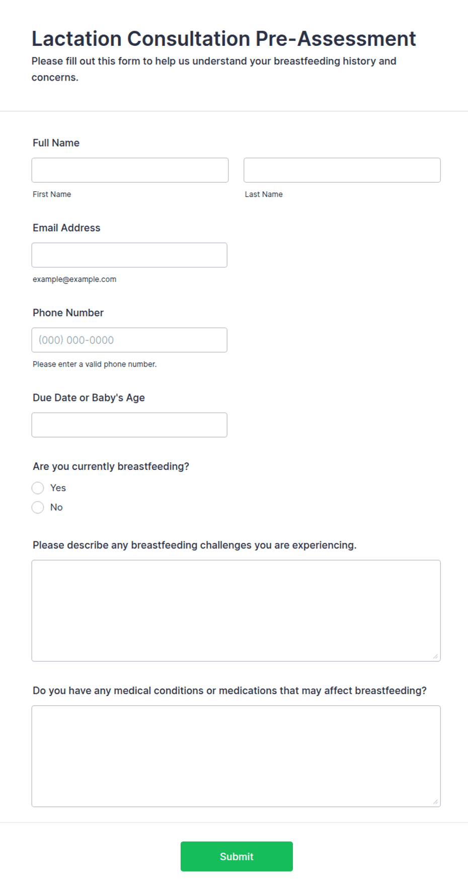 Lactation Consultation Pre-Assessment Form Template | Jotform