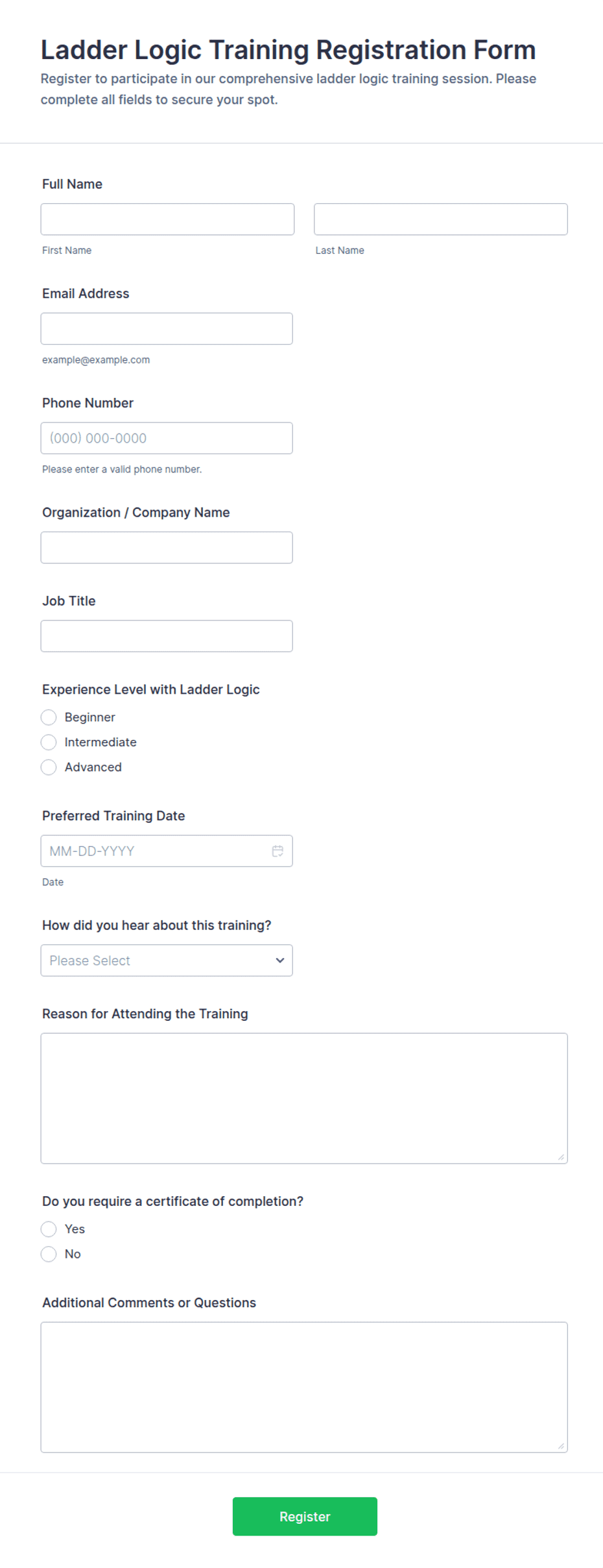 Ladder Logic Training Registration Form Template | Jotform