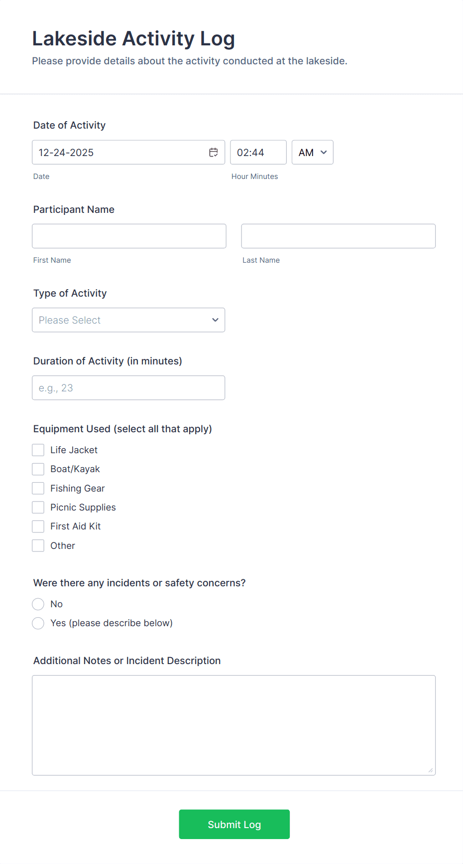 Lakeside Activity Log Form Template | Jotform