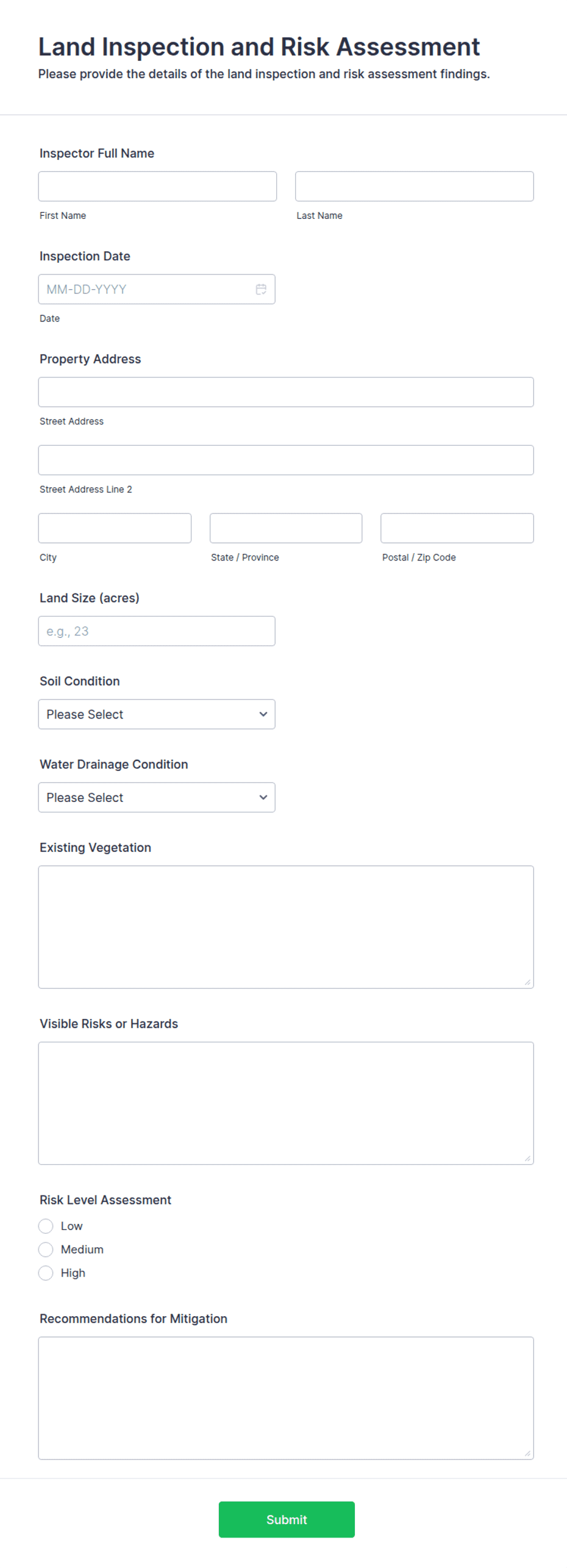 Land Inspection and Risk Assessment Form Template | Jotform