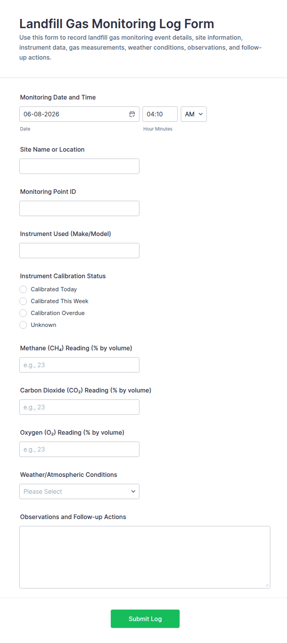 Landfill Gas Monitoring Log Form Template | Jotform
