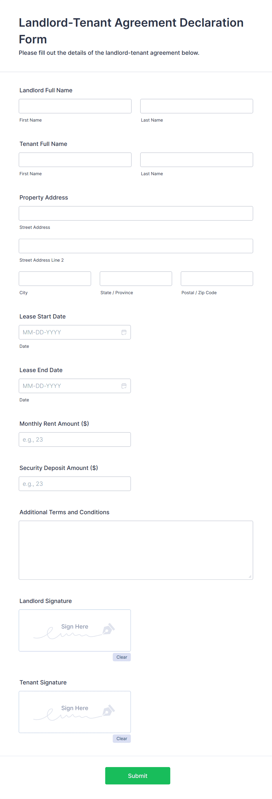 Landlord-Tenant Agreement Declaration Form Template | Jotform