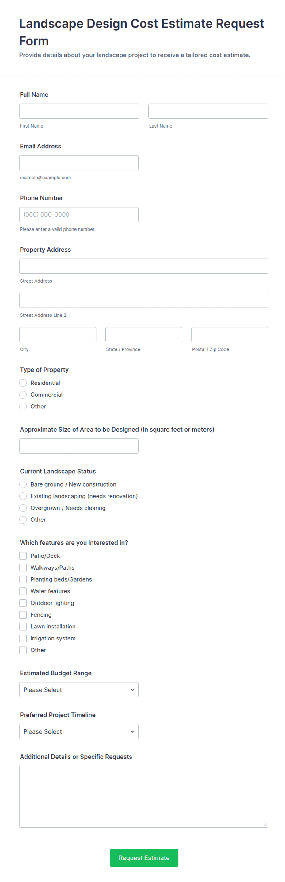 Landscape Design Cost Estimate Request Form Template | Jotform