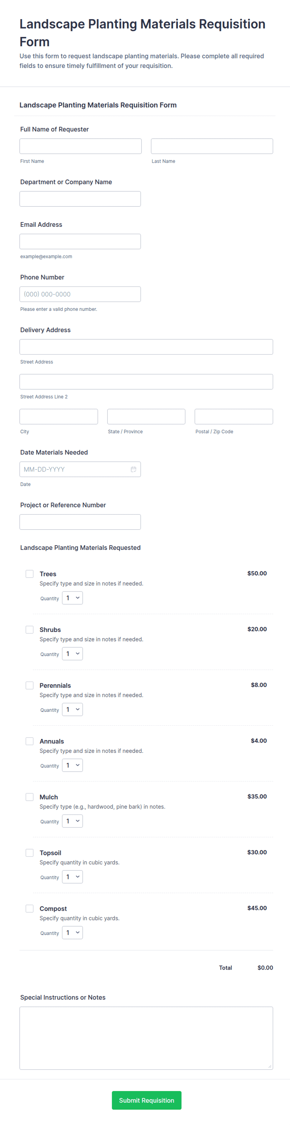 Landscape Planting Materials Requisition Form Template | Jotform